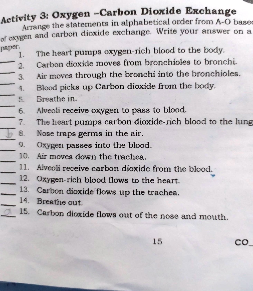 Activity 3: Oxygen -Carbon Dioxide Exchange Arrange the statements in ...