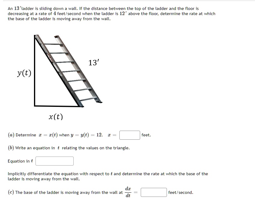 SOLVED: An 13 'ladder is sliding down wall. If the distance between the ...