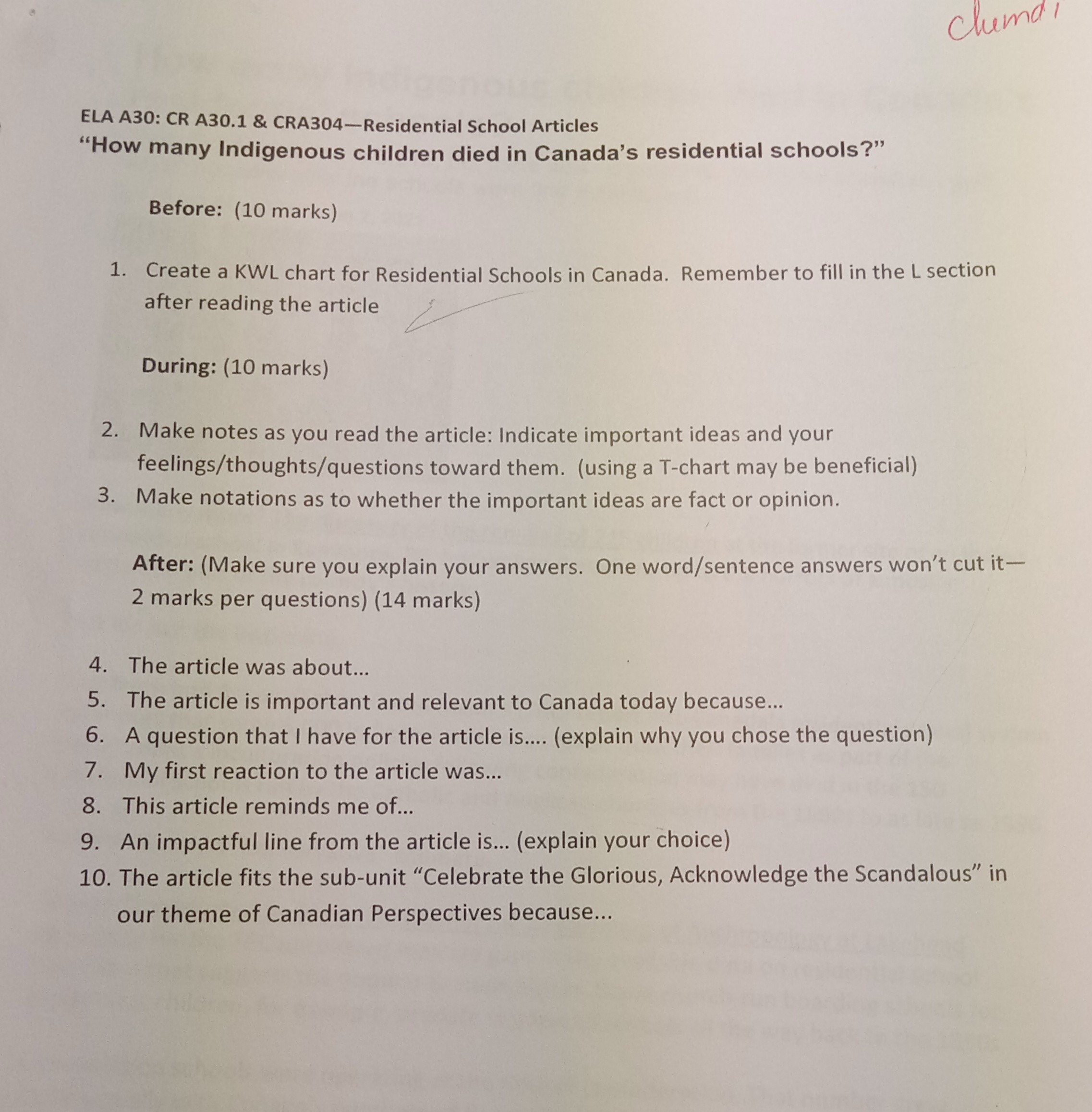 SOLVED: ELA A30: CR A30.1 & CRA304-Residential School Articles "How ...