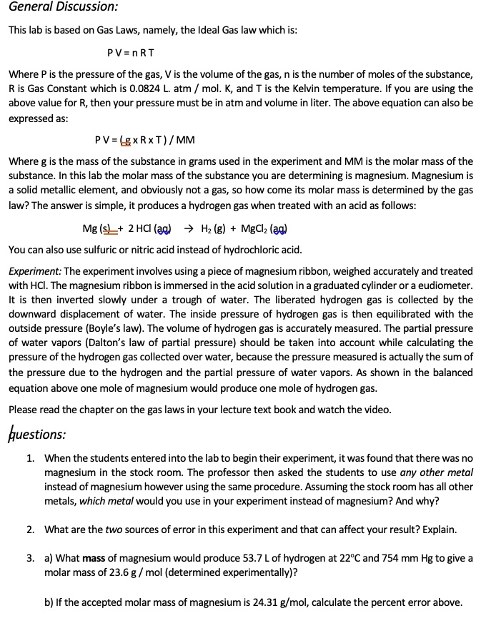 SOLVED: This lab is based on Gas Laws, namely, the Ideal Gas law which ...