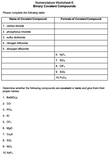 nomenclature worksheet 6 binary covalent compounds please complete tne ...