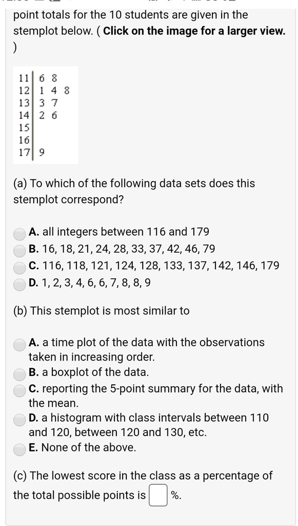 SOLVED: Point totals for the 10 students are given in the stemplot ...