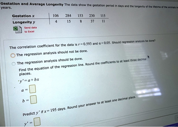 SOLVED: Gestation and Average Longevity The data show the gestation period days and the ...