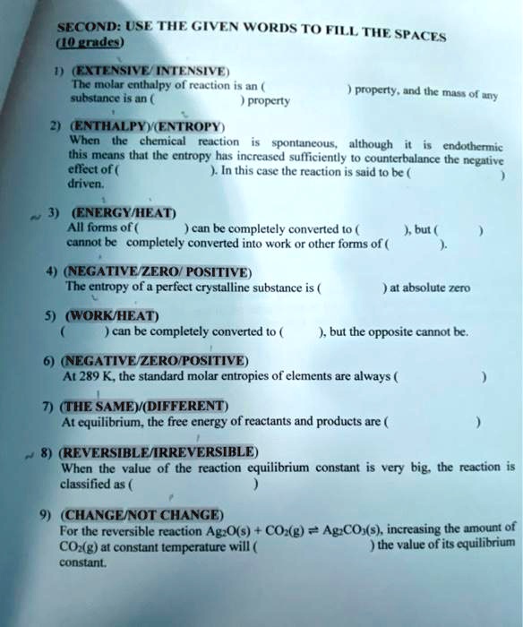 SOLVED: Thermodynamics Chem Quiz (10 grades) 1. EXTENSIVE/INTENSIVE ...