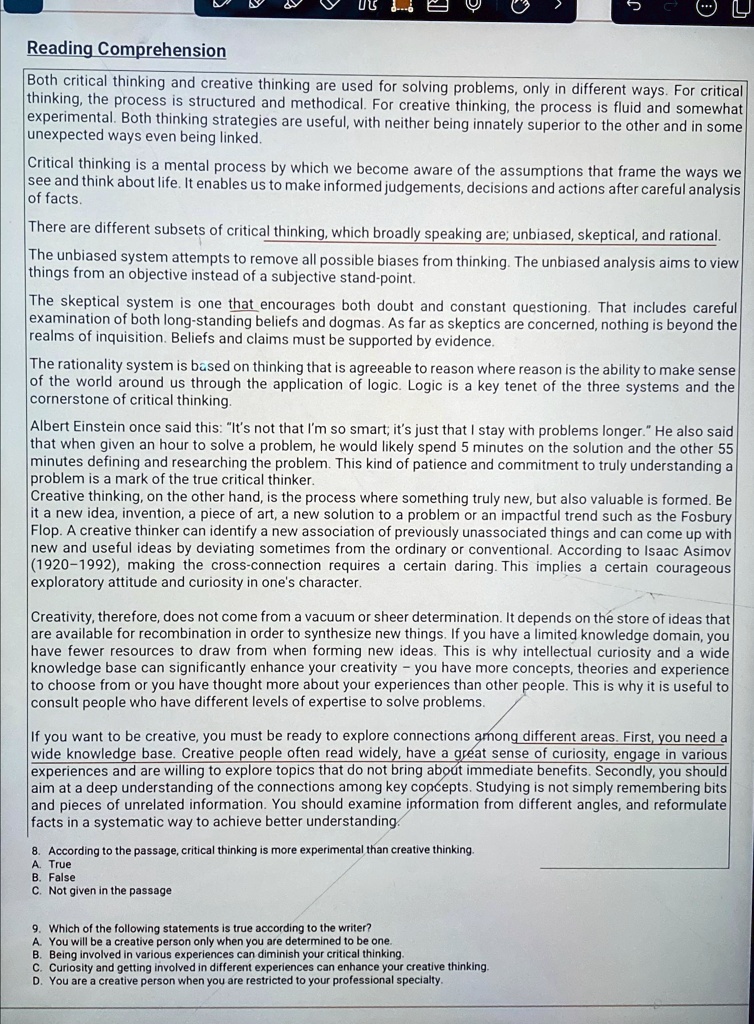 reading comprehension both critical thinking and creative thinking are ...