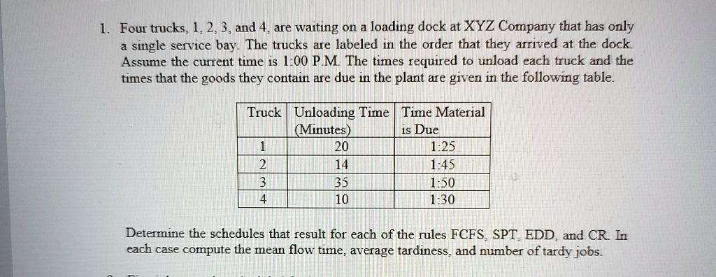 SOLVED: Four trucks; 1, 2, 3, and are waiting on a loading dock at XYZ Company that has only ...