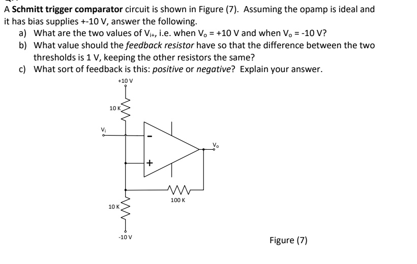 SOLVED: A Schmitt trigger comparator circuit is shown in Figure (7). Assuming the opamp is ideal ...