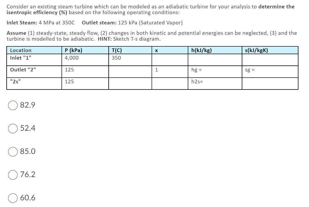 SOLVED: Consider an existing steam turbine which can be modeled as an adiabatic turbine for your ...