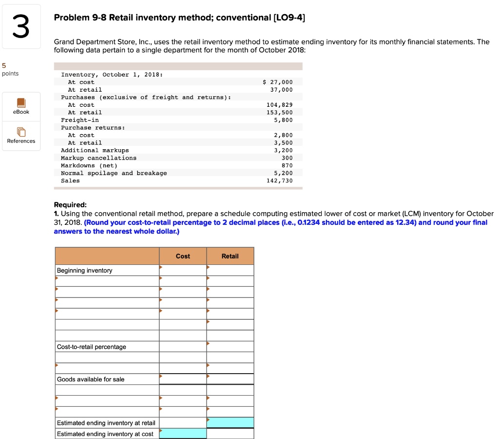 SOLVED: Problem 9-8 Retail inventory method; conventional [LO9-4] Grand Department Store, Inc ...