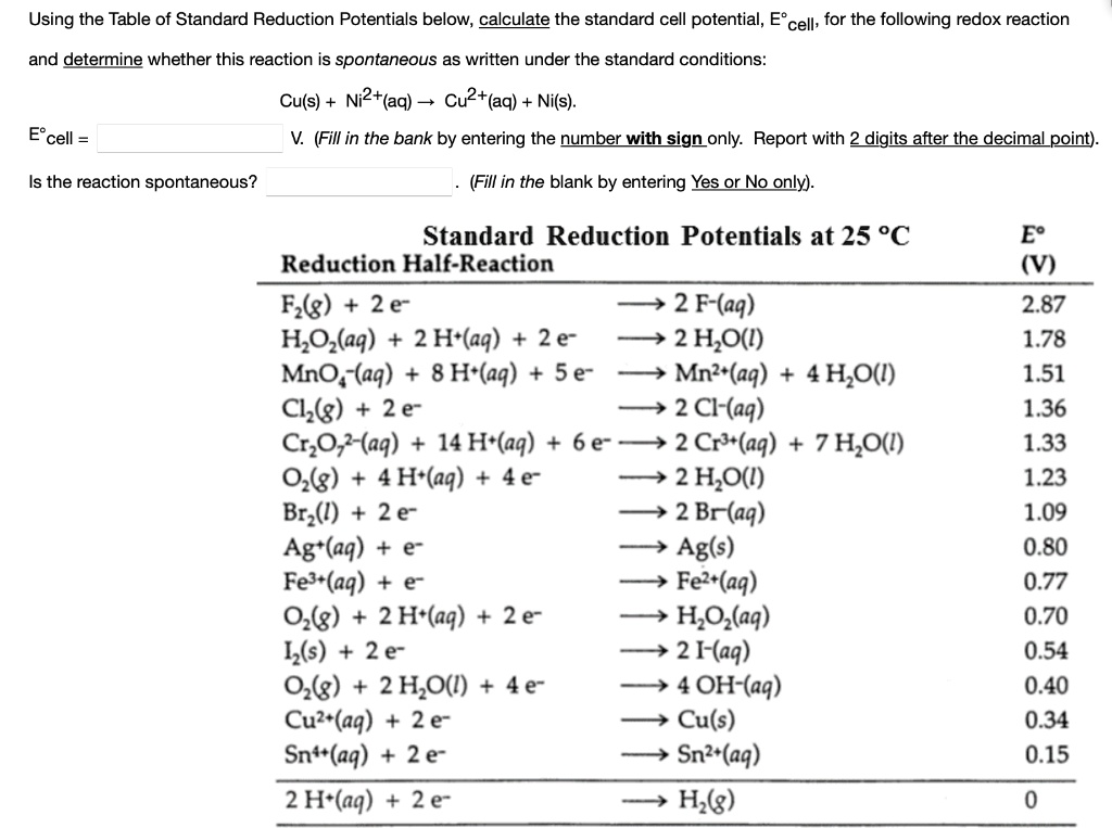SOLVED: Using the Table of Standard Reduction Potentials below, calculate the standard cell ...