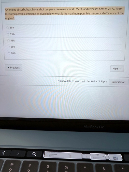 SOLVED: An engine absorbs heat from hot temperature reservoir at 327 'C and releases heat at 27 ...