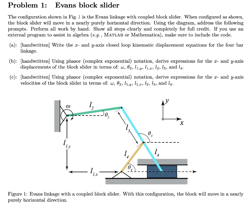 SOLVED: Problem 1: Evans block slider The configuration shown in Fig.1 ...