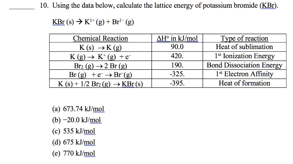 SOLVED: Using the data below, calculate the lattice energy of potassium bromide (KBr). KBr (s) â ...