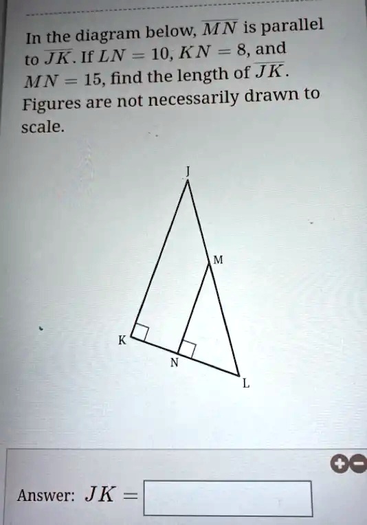 SOLVED: In the diagram below, MN is parallel to JK. If LN = 10, KN = 8, and MN = 15, find the ...