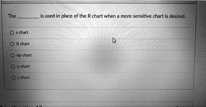 The is used in place of the R chart when a more sensitive chart is ...