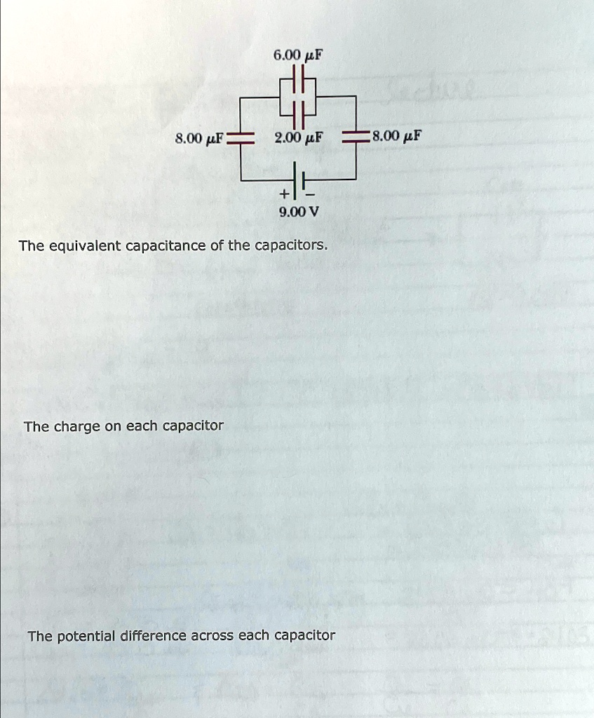 The equivalent capacitance of the capacitors. The charge on each capacitor The potential ...