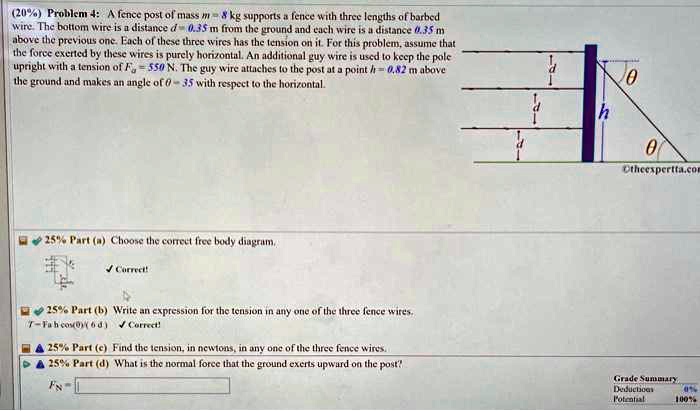 [GET ANSWER] (20%) Problem 4: A fence post of mass m = 8 kg supports a ...
