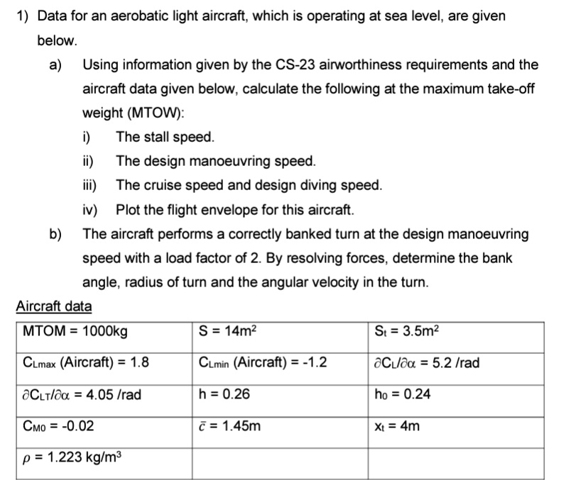1) Data for an aerobatic light aircraft, which is operating at sea ...