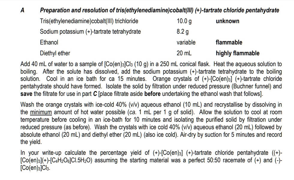 Calculate the theoretical yield for (+)-[Co(en)3](+)-[C4H2O6]ClÂ·5H2O Preparation and resolution ...