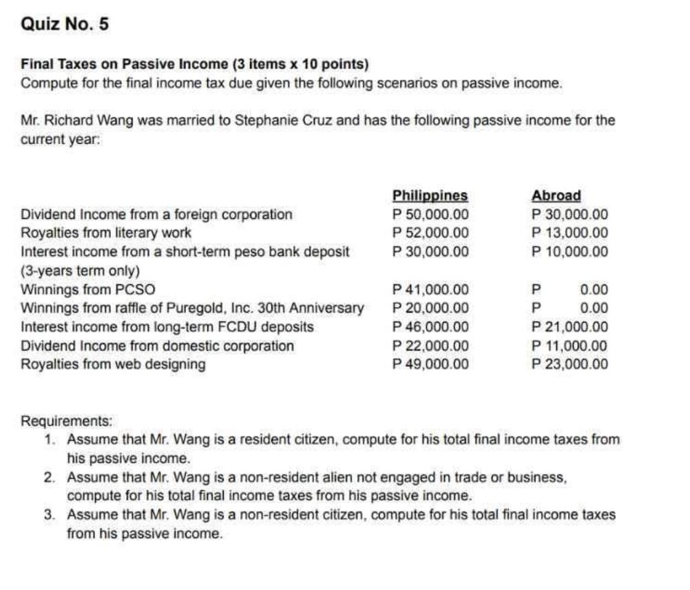 quiz no 5 final taxes on passive income mathbf3 items mathbfx 10 points ...