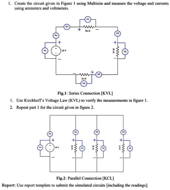 Create the circuit given in Figure I using Multisim and measure the voltage and currents using ...