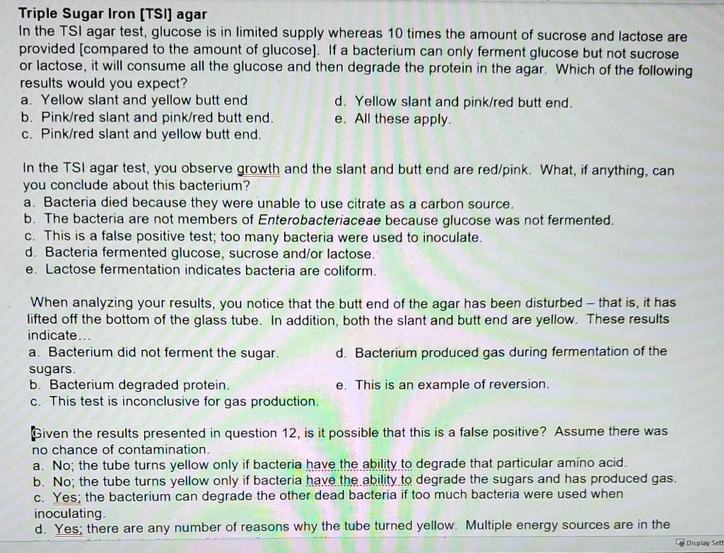 Triple Sugar Iron [TSI] agar In the TSI agar test, glucose is in ...