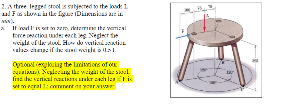 2. A three-legged stool is subjected to the loads L and F as shown in the figure (Dimensions are ...