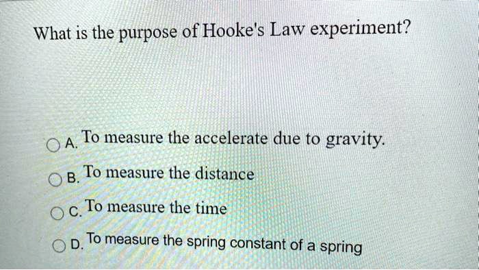 SOLVED: What is the purpose of Hooke's Law experiment? A. To measure ...