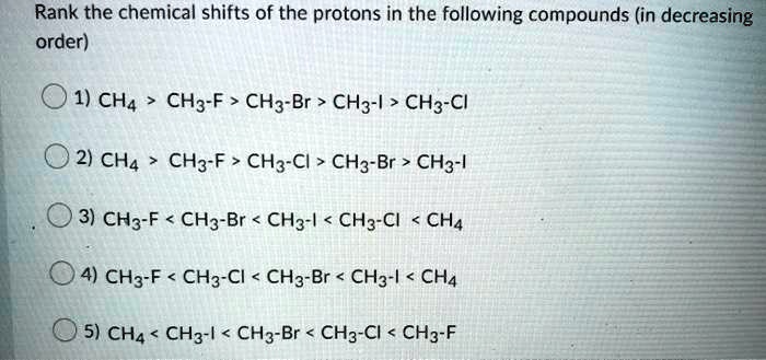 rank the chemical shifts of the protons in the following compounds in decreasing order 01 ch4 ...