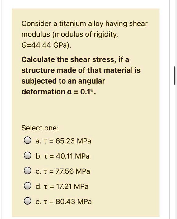 SOLVED: help mee Consider a titanium alloy having shear modulus ...