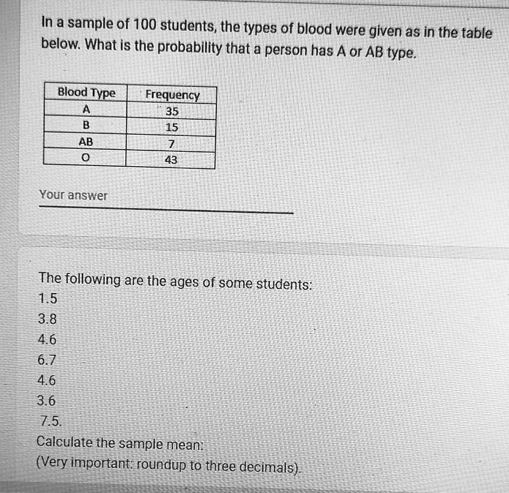 SOLVED: In a sample of 100 students, the types of blood were given as ...