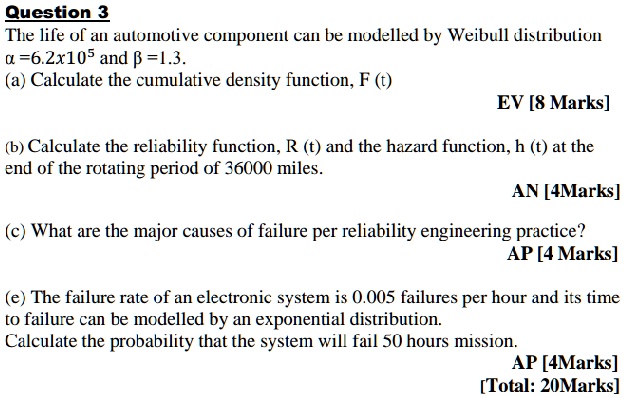 SOLVED: Question 3: The life of an automotive component can be modeled by a Weibull distribution ...