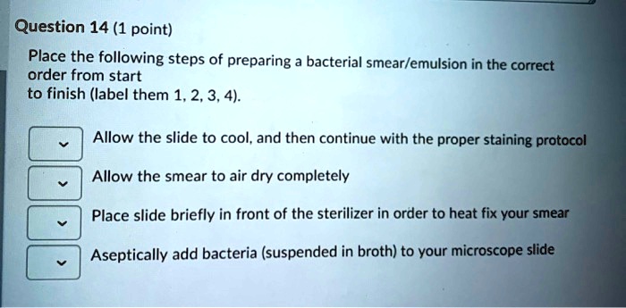 SOLVED: Question 14 (1 point) Place the following steps of preparing ...
