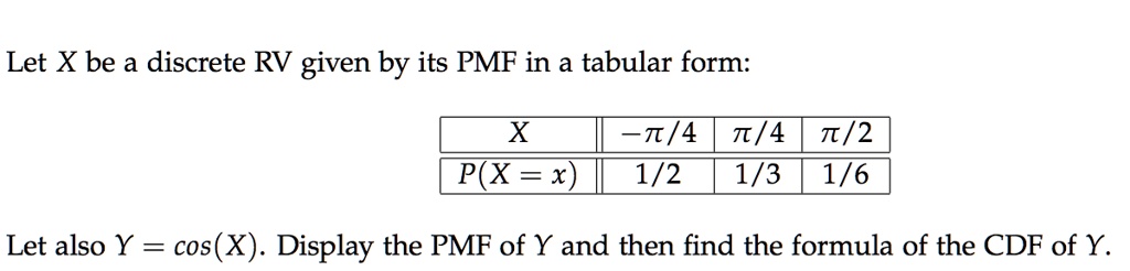 SOLVED: Let X be a discrete RV given by its PMF in a tabular form: T/4 ...