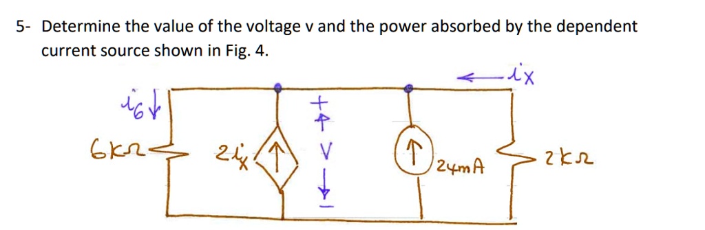 5- Determine the value of the voltage v and the power absorbed by the dependent current source ...