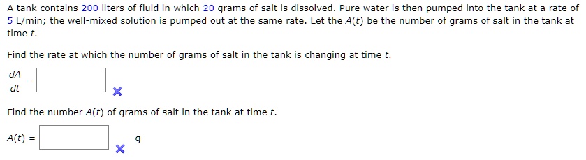 SOLVED: The tank contains 200 liters of fluid in which 20 grams of salt ...