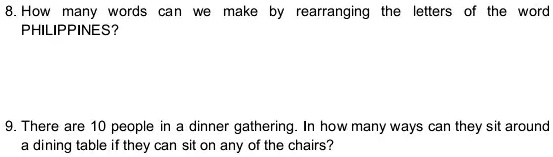SOLVED: 8. How many words can we make PHILIPPINES? rearranging the ...
