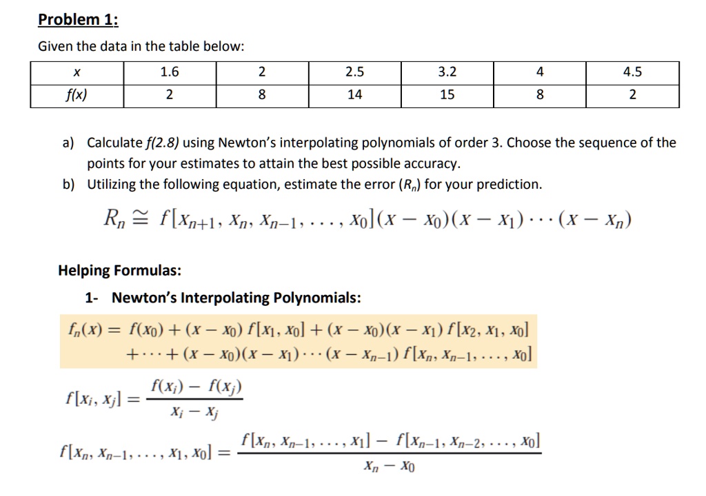 SOLVED: Problem 1: Given the data in the table below: 1.6 2.5 14 3.2 15 4.5 flx) Calculate f(2.8 ...