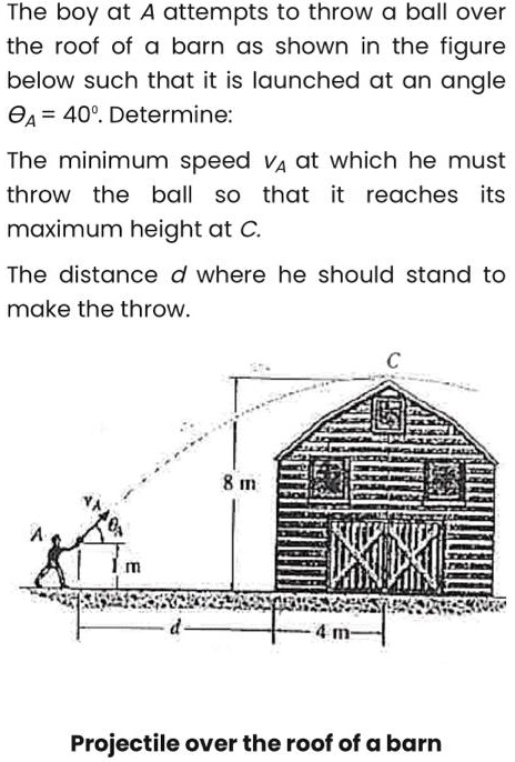 SOLVED: The boy at attempts to throw a ball over the roof of barn as shown in the figure below ...
