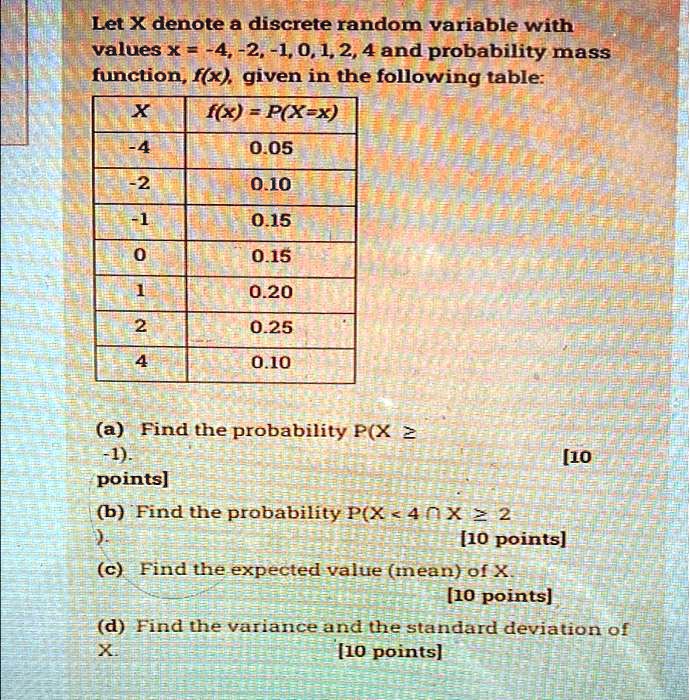 SOLVED: Let X denote a discrete random variable with values x = 4, -2, -1, 0, 1, 2, and 4, and ...