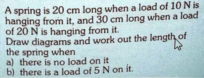 a spring is 20 cm long when a load of 10 nis hanging from it and 30 cm ...