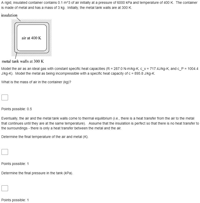 A rigid, insulated container contains 0.1 m^3 of air initially at a ...