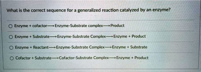 SOLVED: Enzyme Cofactor Enzyme-Substrate Complex Product Enzyme ...