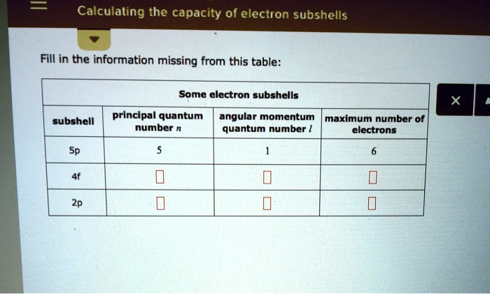 SOLVED: Calculating the capacity of electron subshells Fill in the information missing from this ...