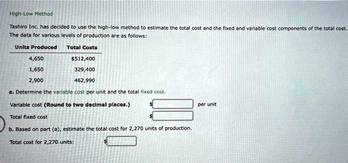 SOLVED: High-Low Method Tashiro Inc. has decided to use the high-low method to estimate the ...