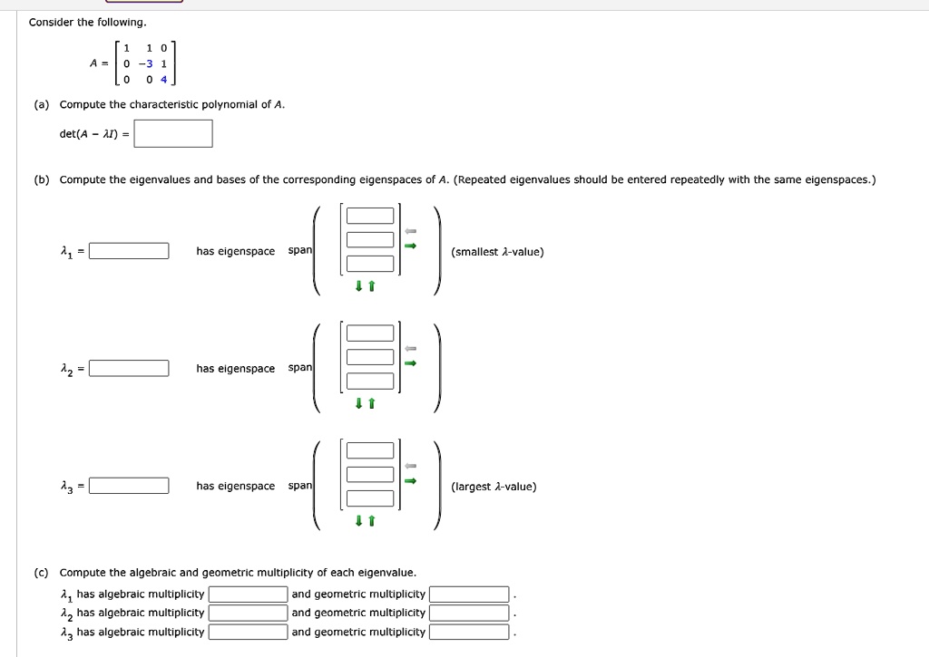 SOLVED: Consider the following Compute the characteristic polynomial of det(A Compute the ...