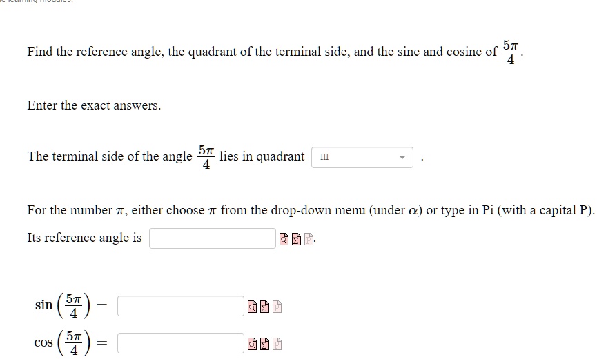 Find the reference angle, the quadrant of the terminal side, and the sine and cosine of (5π)/(4 ...