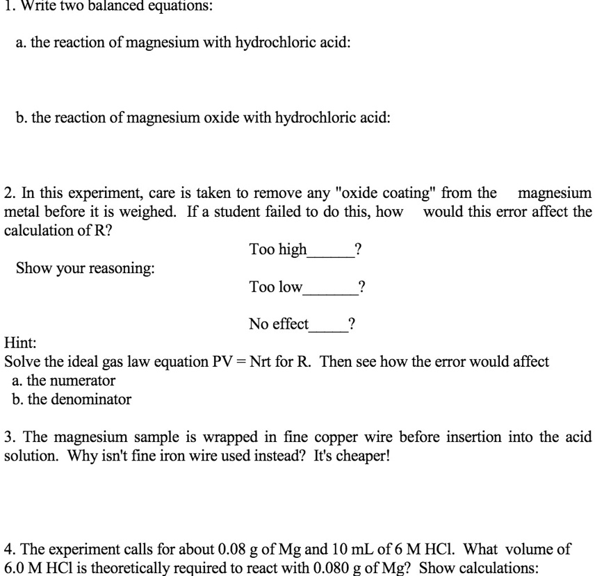 1. Write two balanced equations: a. the reaction of magnesium with ...