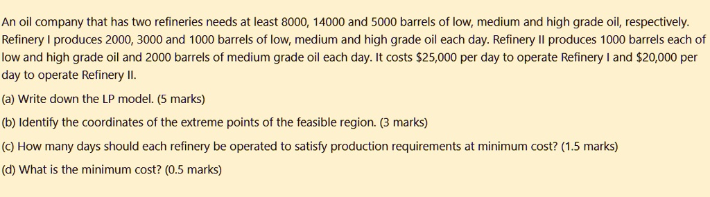 SOLVED: An oil company that has two refineries needs at least 8000 ...