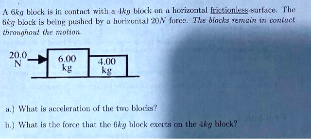 a 6kg block is in contact with 4kg block on horizontal frictionless ...